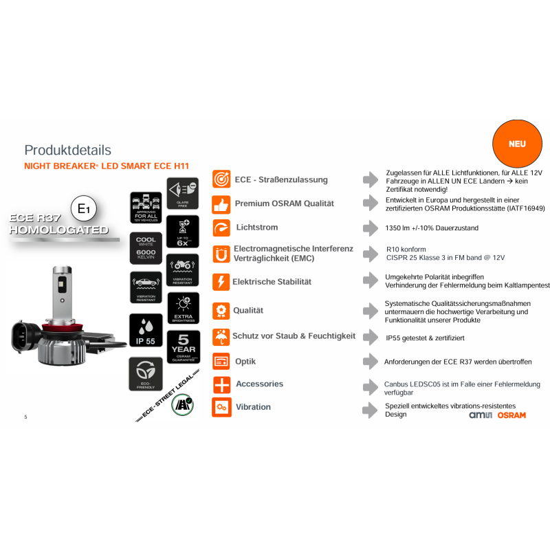 OSRAM Night Breaker LED Smart ECE H11, mit schweizer Strassenzulassung